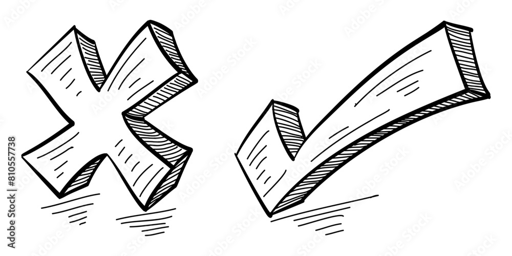 Vektorová grafika „Doodle check mark and cross mark icon set. Tick ...