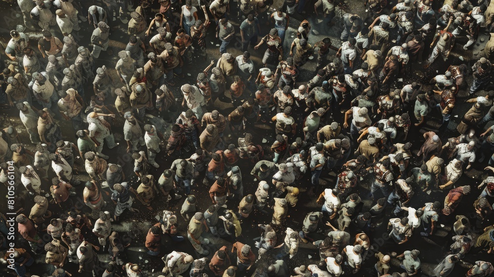 Overpopulated world. Huge crowd of people. Humans suffer from pollution ...