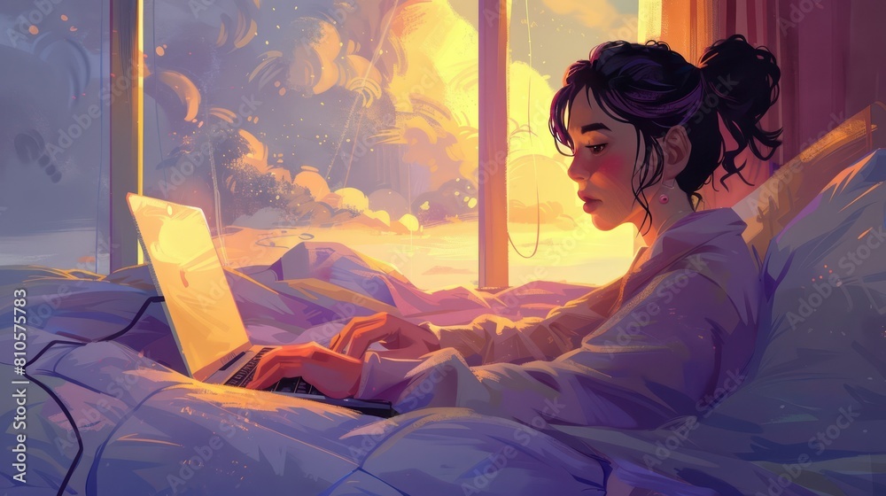 A normal morning of a young woman relaxing in bed with her laptop. and ...