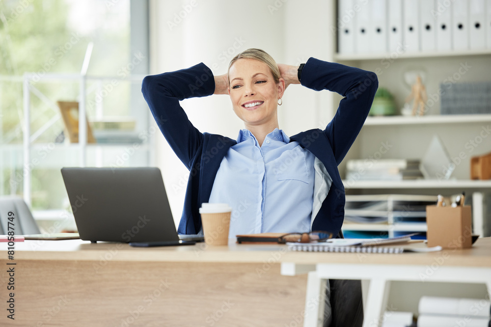 Business woman, thinking and consultant break with confidence and relax ...