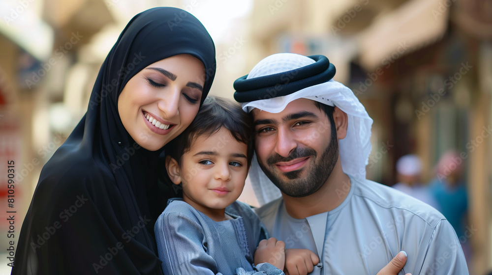 Arab family together Emirati Father Mother and son spending time outside wearing Abaya and ...