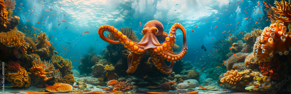 The magnificent octopus Panoramic wide view Underwater Scene Tropical ...