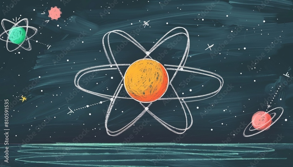 Atomic energy flat design side view educational theme cartoon drawing ...