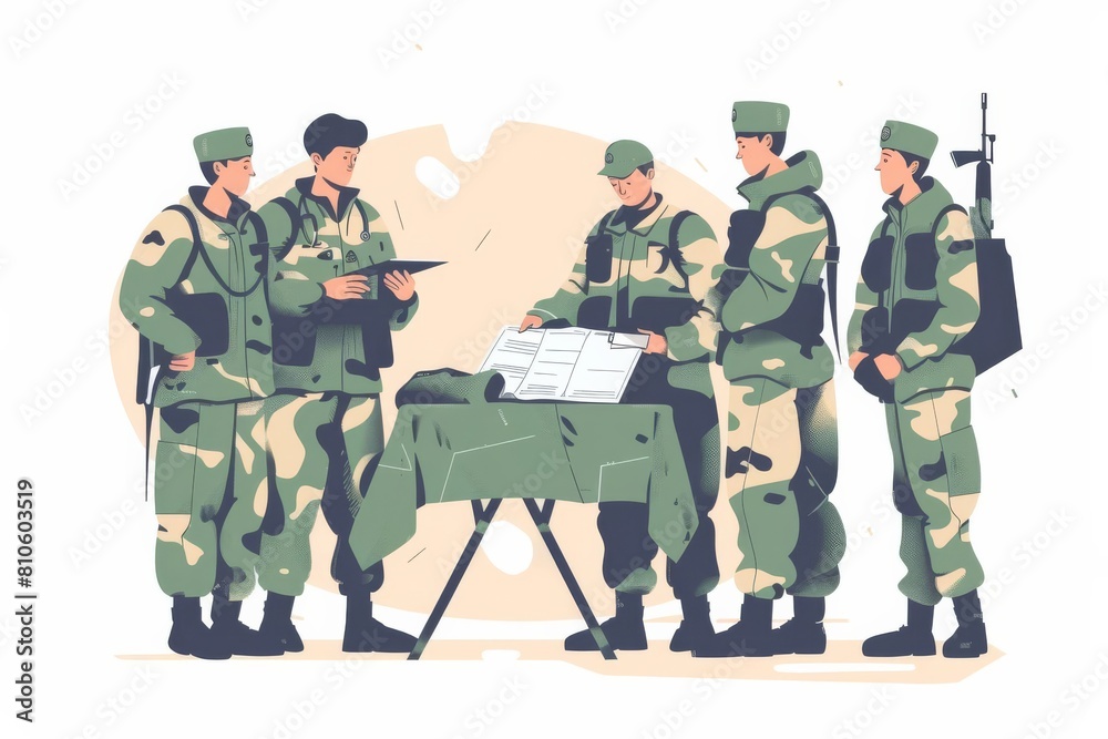 A military doctor surrounded by respect as they brief camouflage clad ...