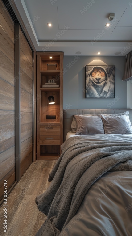 Gray wardrobe with glossy sliding doors in minimalist style interior ...