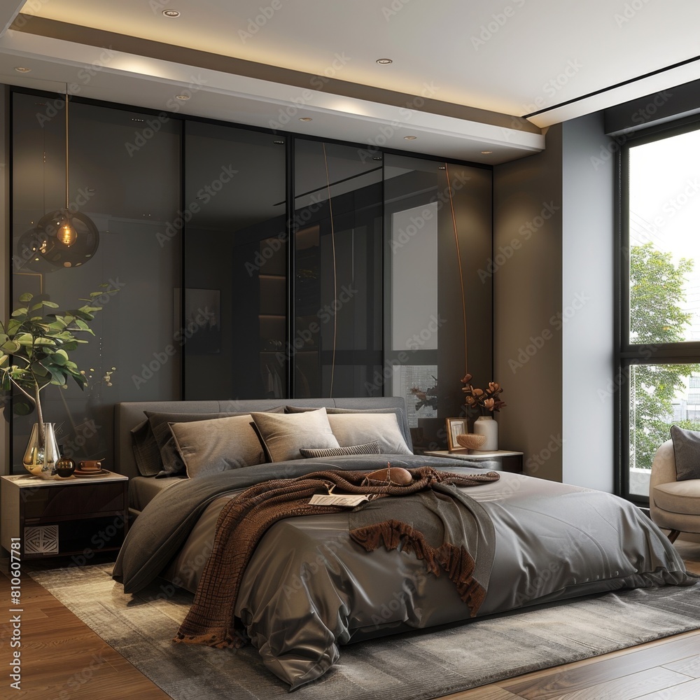 Gray wardrobe with glossy sliding doors in minimalist style interior ...