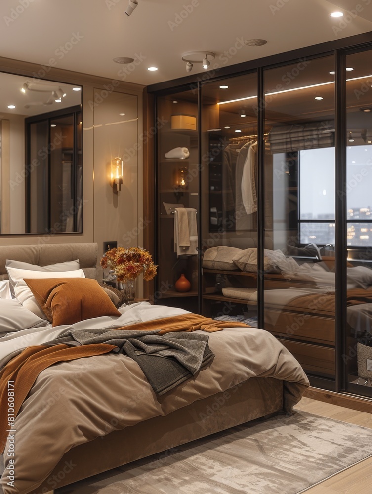 Gray wardrobe with glossy sliding doors in minimalist style interior ...