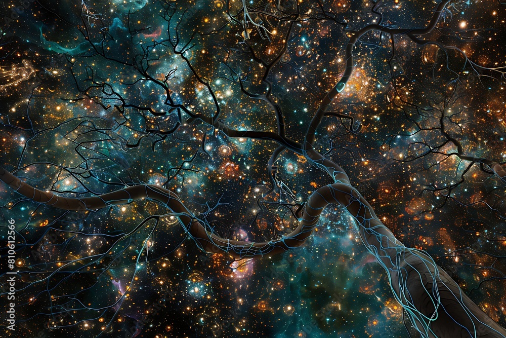 an intricate network of neurons with a multi-colored bioluminescent ...