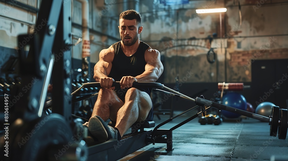 Muscular man intensely working out on a rowing machine in a gritty ...