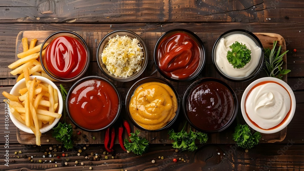 Top view of fast food sauces on wooden table for National Fast Food Day ...