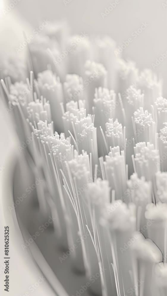 A close up of a toothbrush with its bristles visible. The bristles are ...
