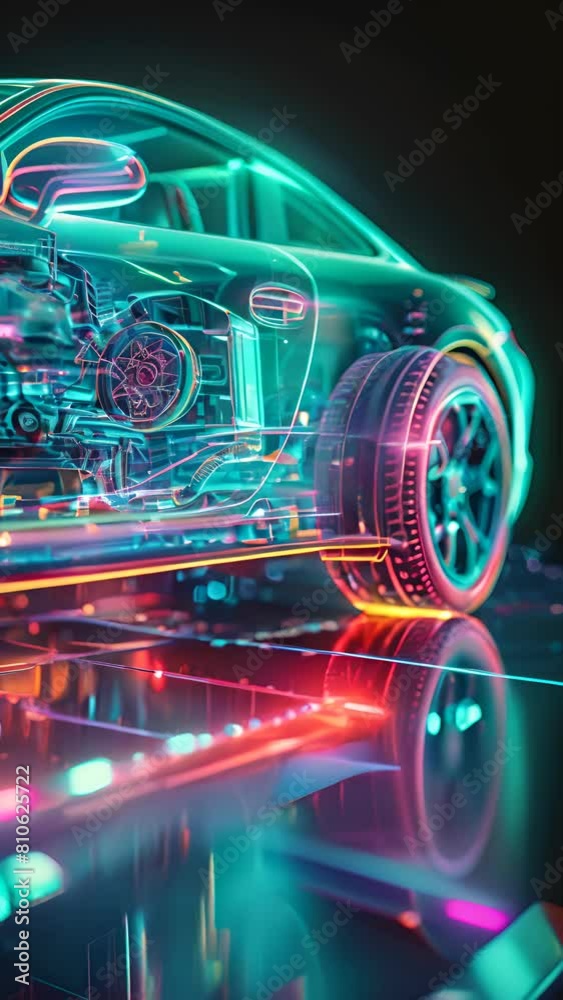 A car is shown in neon colors with a reflective surface. The car is a ...