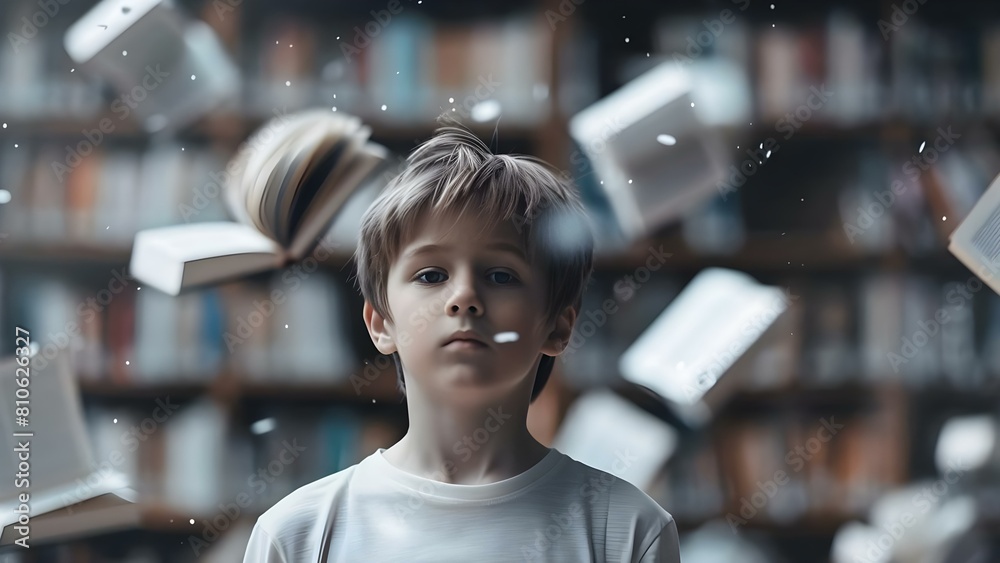 Foto de Schoolboy with floating books has a creative solution in a ...