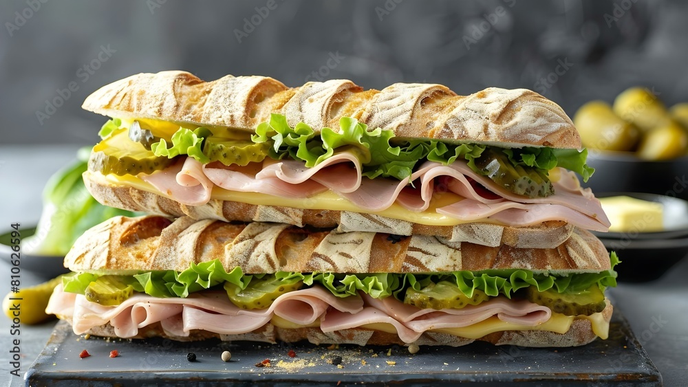 French sandwich with ham butter lettuce and pickles on baguette slices ...