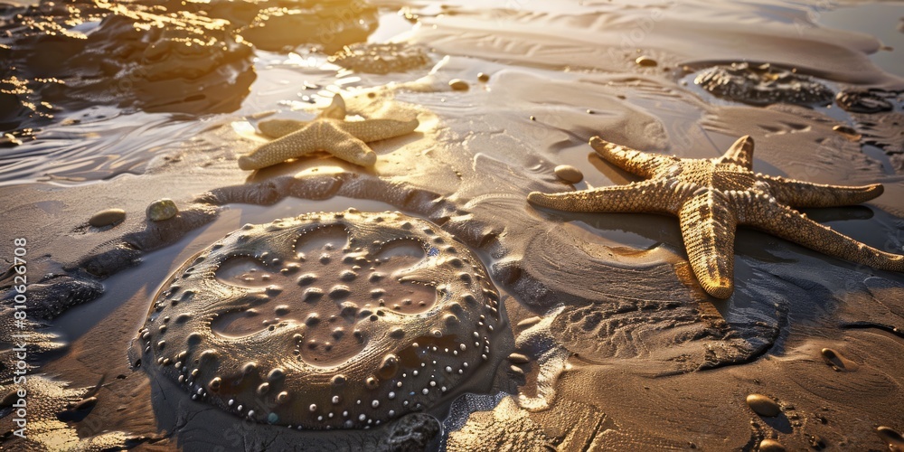 Starfish and Sand Dollars Emerge on the Shore at Sunset, Revealing the ...