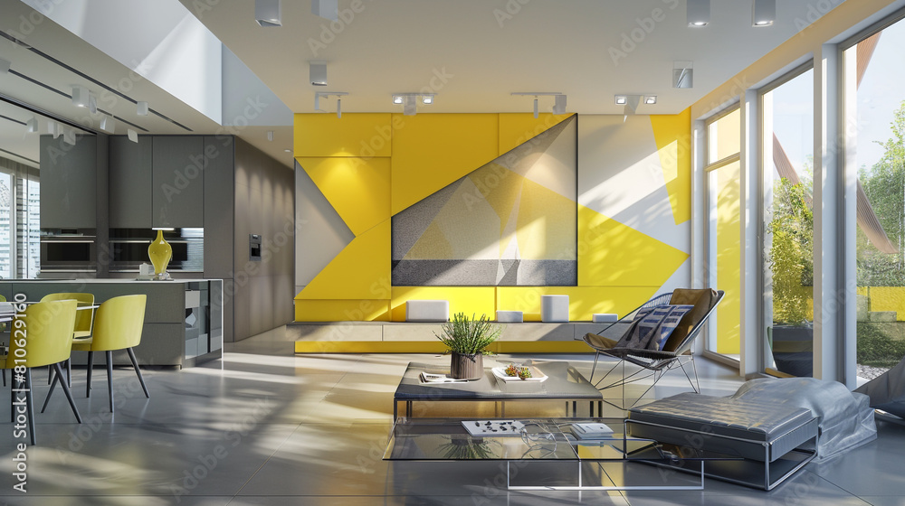 Modern home with walls in lemon yellow and gray, adorned with ...