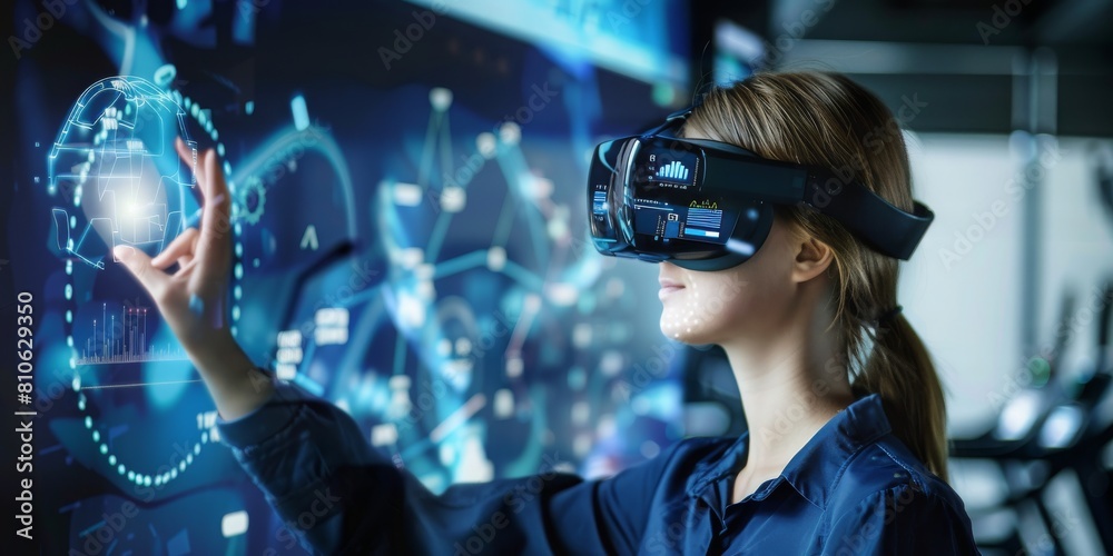 A Woman Interacts with Advanced Virtual Reality Interface, Analyzing ...