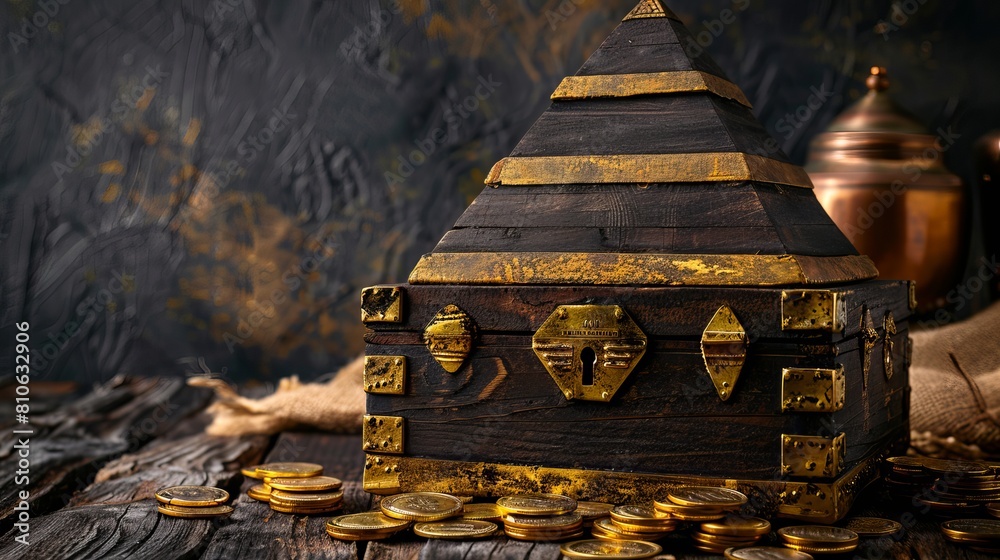 An indoor photo of a pyramid made from an old, dark wooden treasure ...