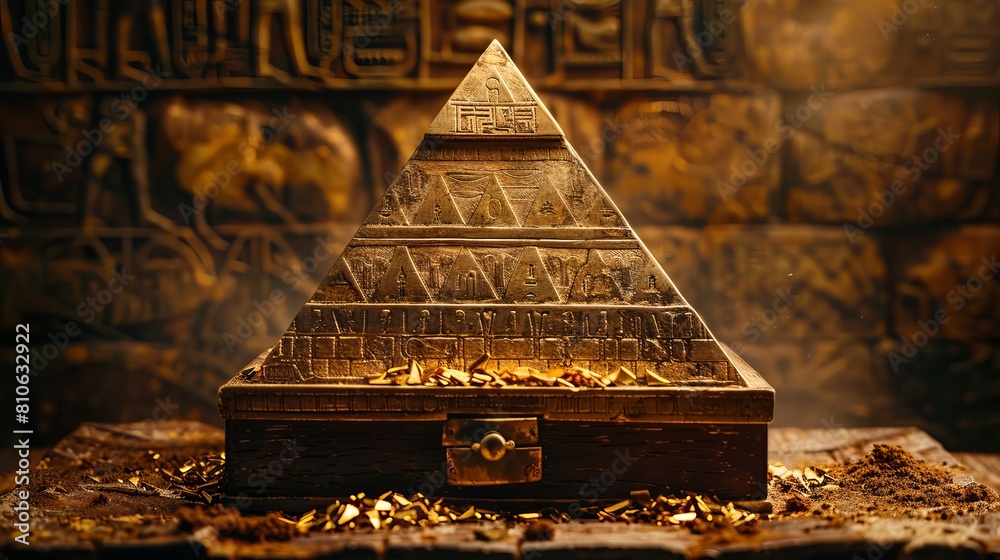 An indoor photo of a pyramid made from an old, dark wooden treasure ...