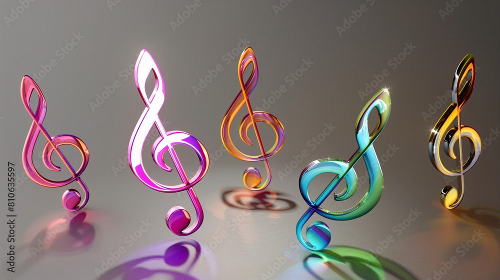 A collection of five 3D-rendered musical notes (quarter notes), each ...