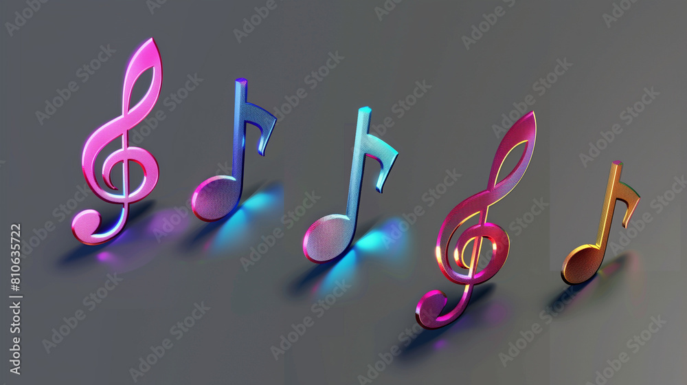 A collection of five 3D-rendered musical notes (quarter notes), each ...