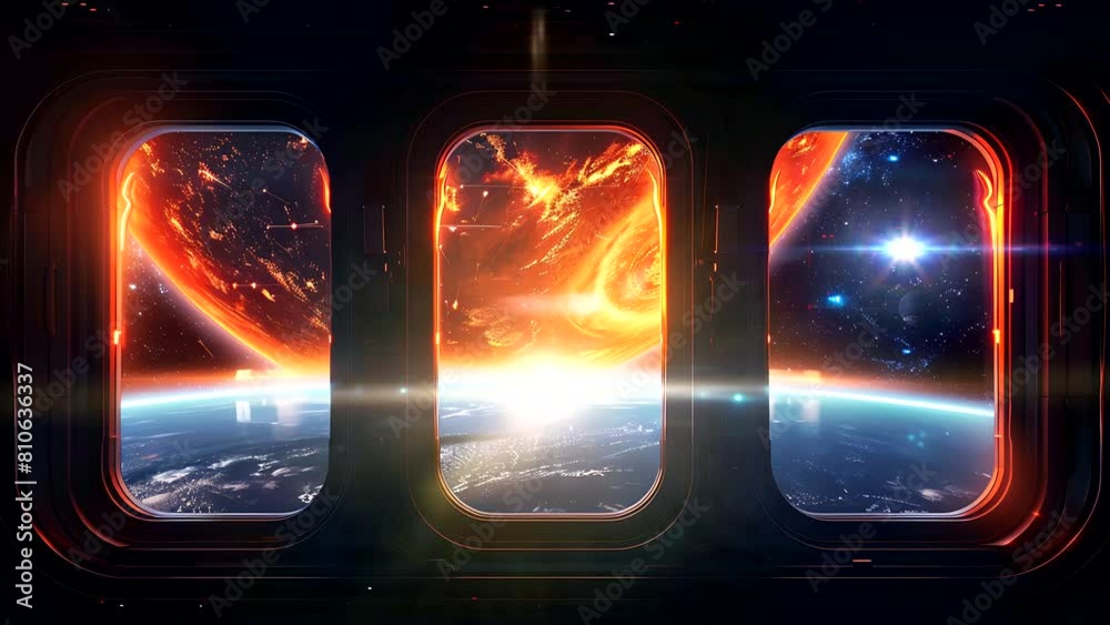Three spacecraft windows showing Earth from space, with orange and red ...