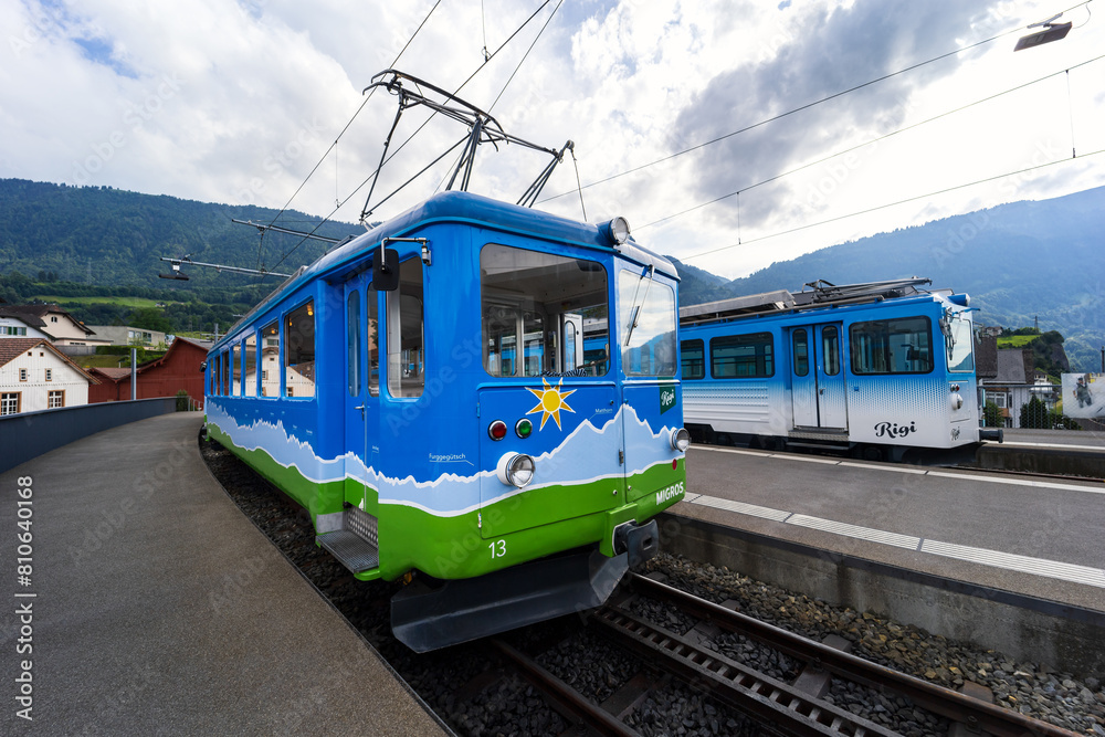 Attractive Rigi bahn electric cable tram, Goldau - Rigi Kulm cogwheel ...