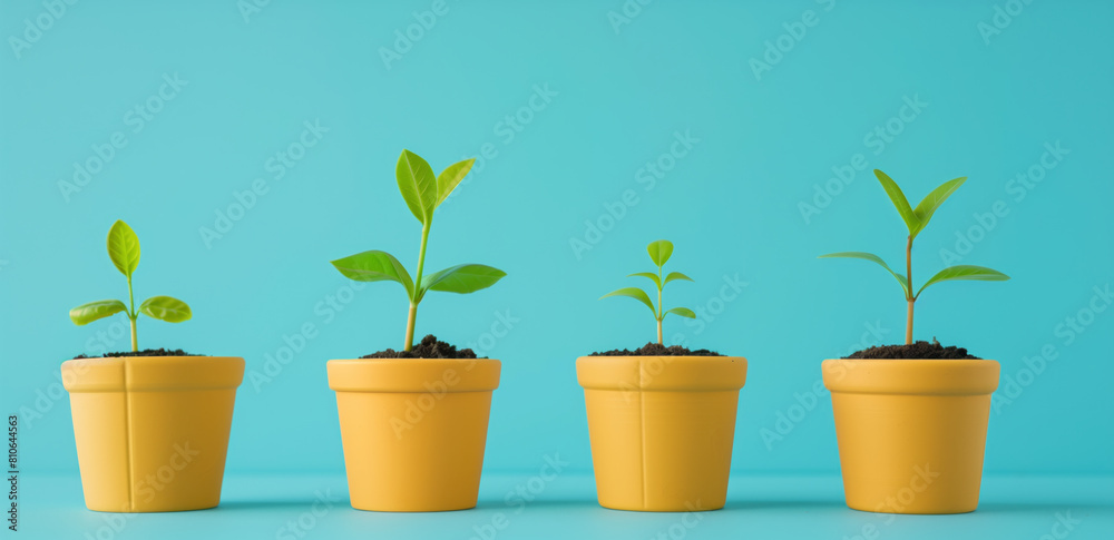 Four small plants in yellow pots illustrating stages of growth and ...