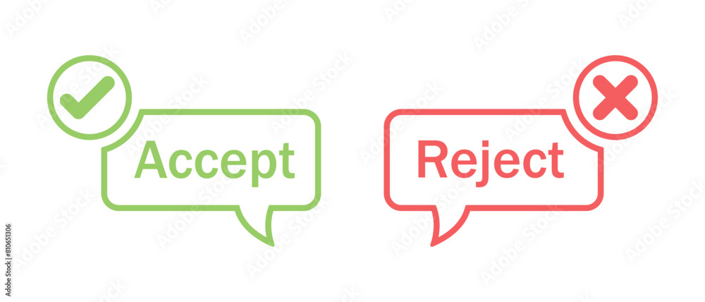 Accept and reject button icon with tick and cross symbol in call out style stroke. Right and ...
