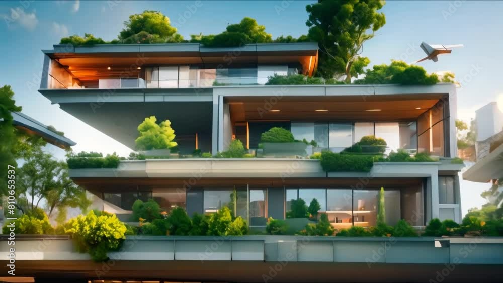Green building with plants trees and bushes for ecofriendly design ...