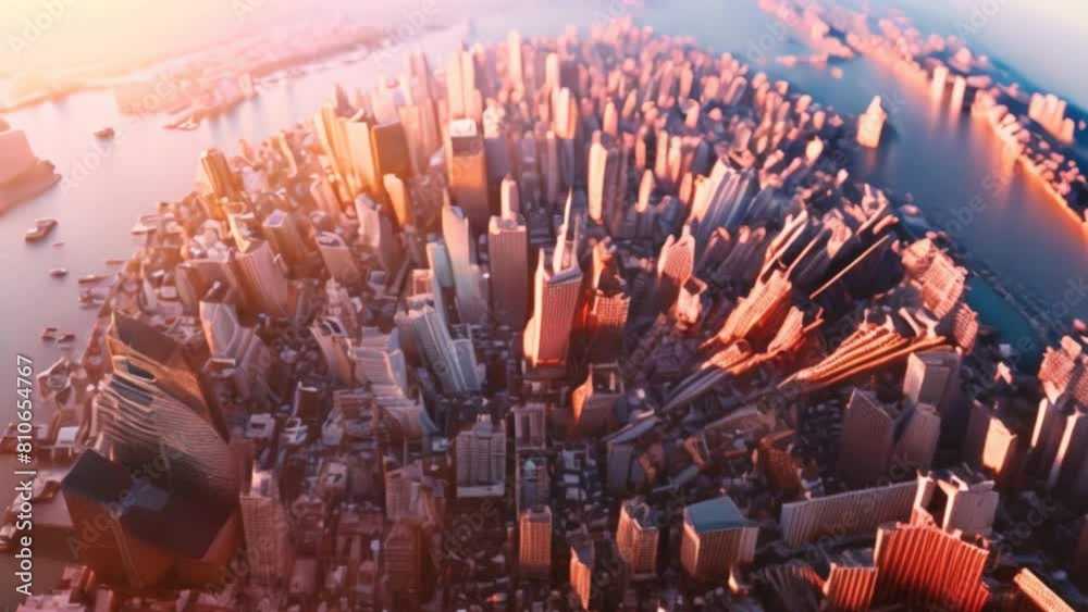 A city is shown in a circular view, with the buildings and streets all ...