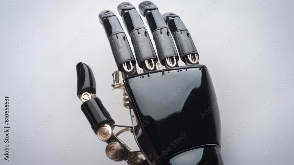 A black robotic hand is displayed against a stark white background. The ...