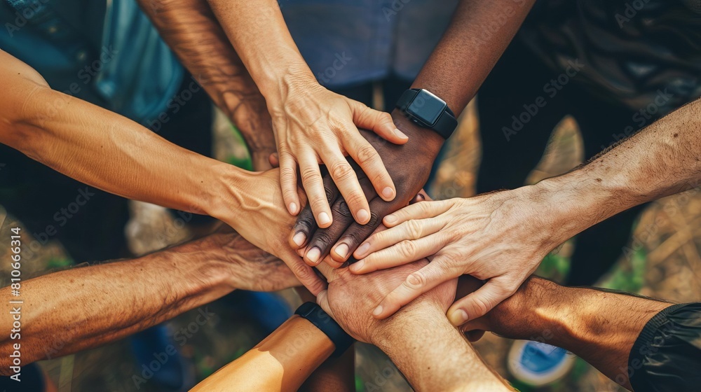 A group of diverse people putting their hands together in a ...