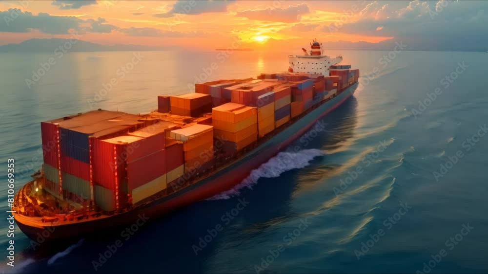 An aerial perspective of a cargo ship carrying containers for global ...