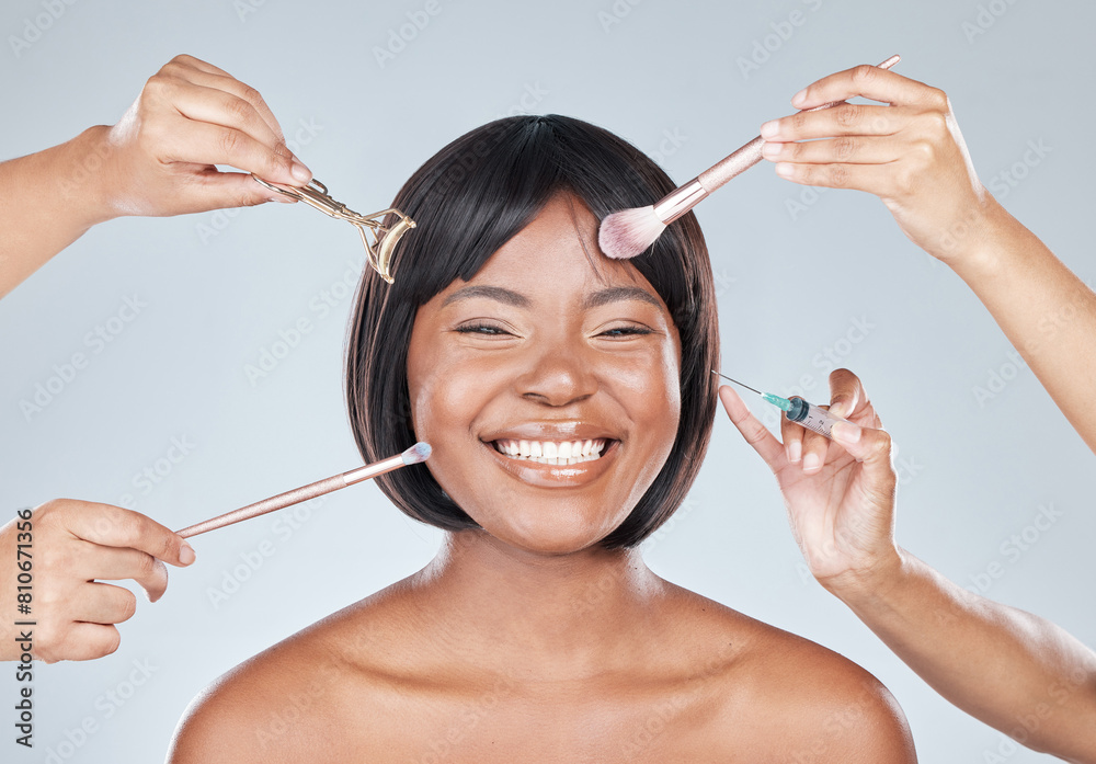 Brush, makeup and face of black woman for botox, beauty and cosmetics ...