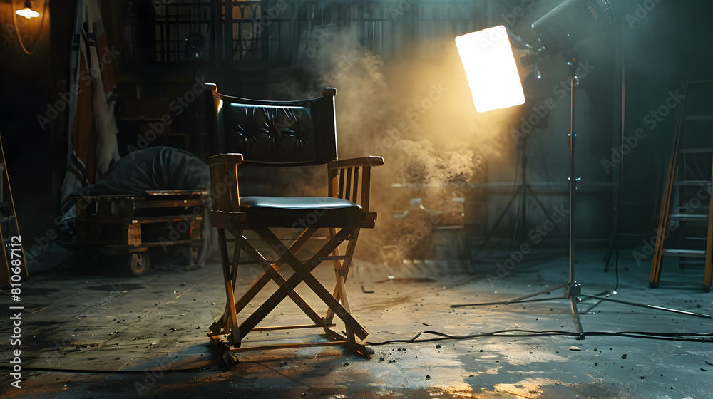 empty director's chair on a dimly lit, atmospheric film set ...