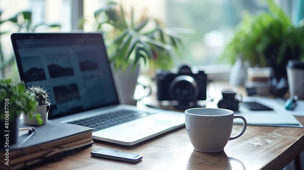 Contemporary office desk setup with laptop, coffee mug, and assorted ...
