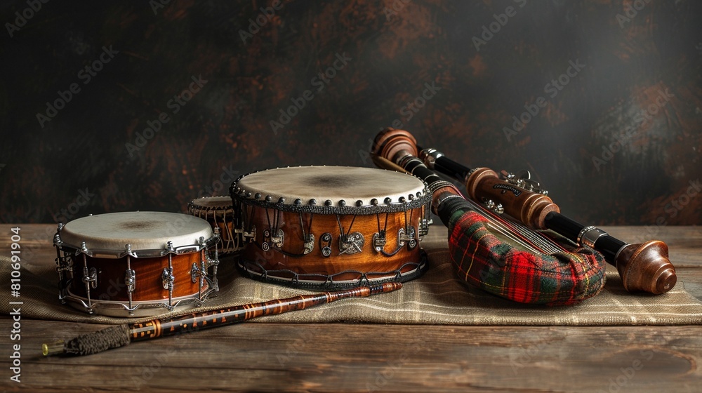 Scottish Highland Set Depict bagpipes, a clarsach small harp, and a ...