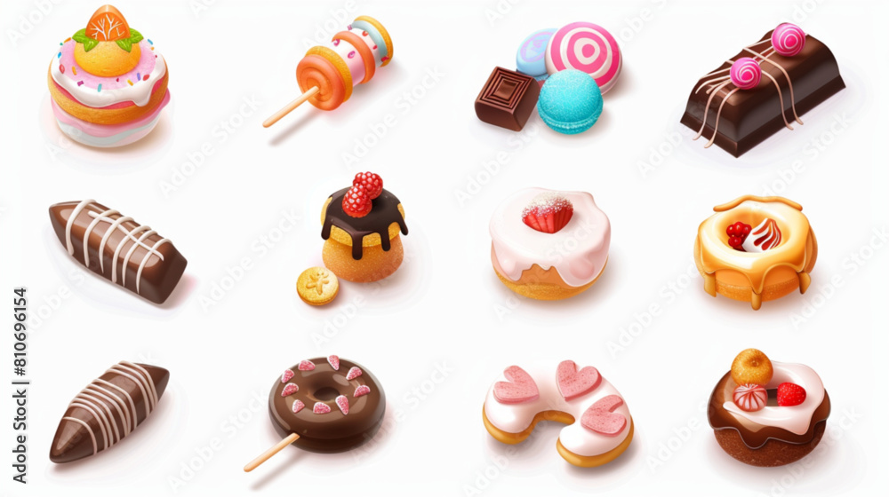 Cartoon sweets. Sweet dessert, candy, cute cake, lollipop, chocolate ...