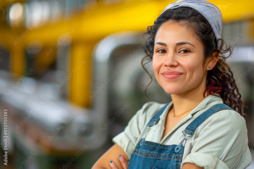 The photo shows a smiling Spanish factory worker who looks into the ...