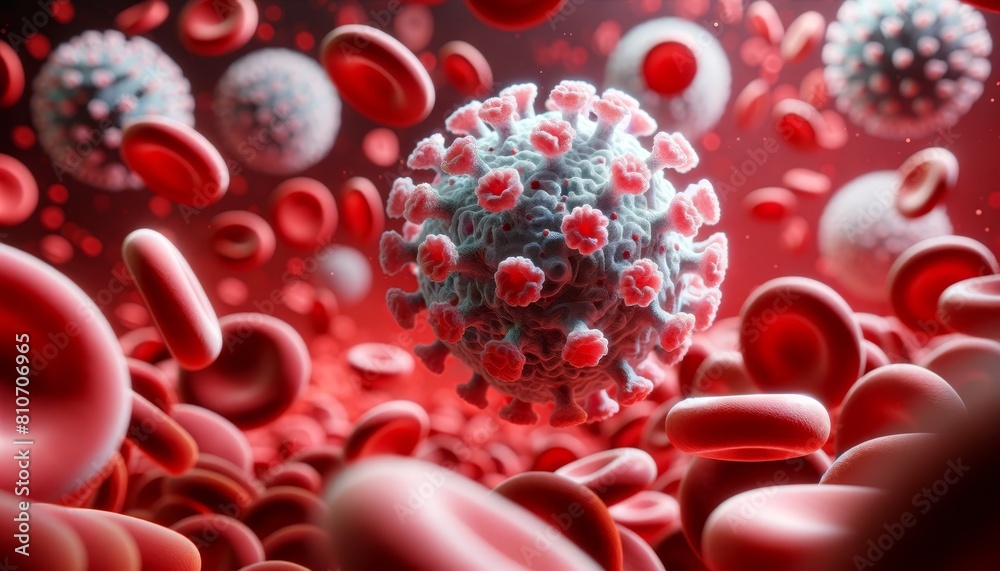 Detailed 3D illustration of a virus surrounded by red blood cells ...