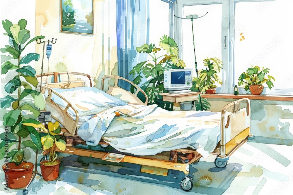 A watercolor of medical, showcasing a serene hospital setting in ...