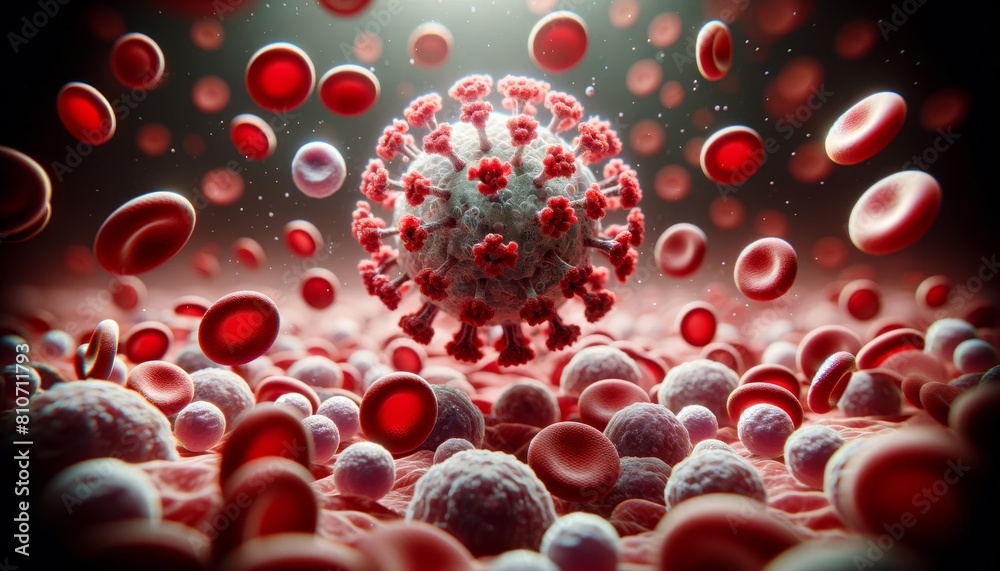 Highly detailed 3D illustration of virus surrounded by red blood cells ...