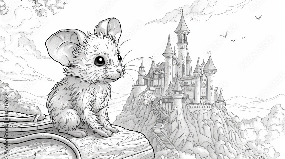 coloring book A cute mouse is sitting on a rock in front of a castle ...