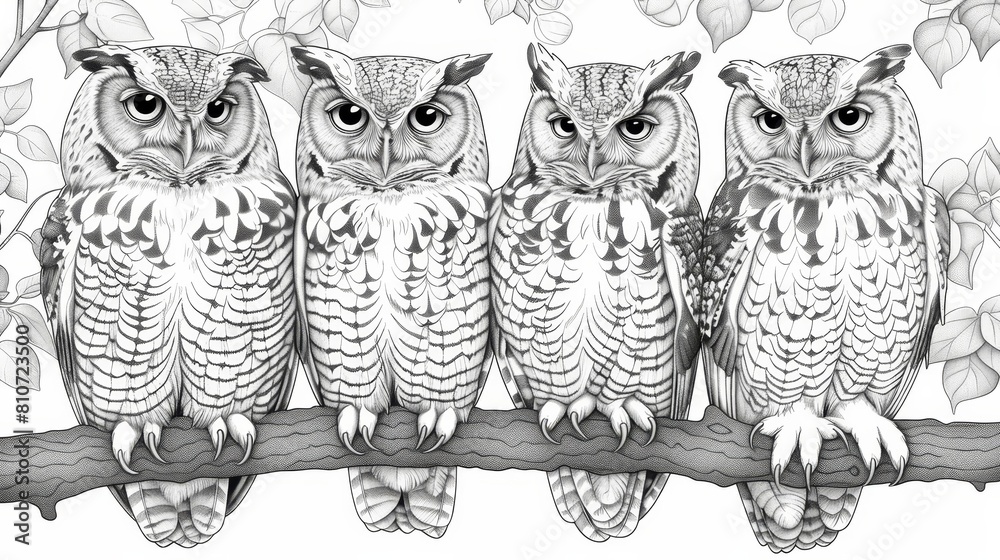 coloring book Four owls perched on a branch, looking wise and ...