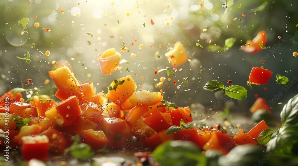 Dynamic cooking scene with diced bell peppers and herbs mid-air and ...