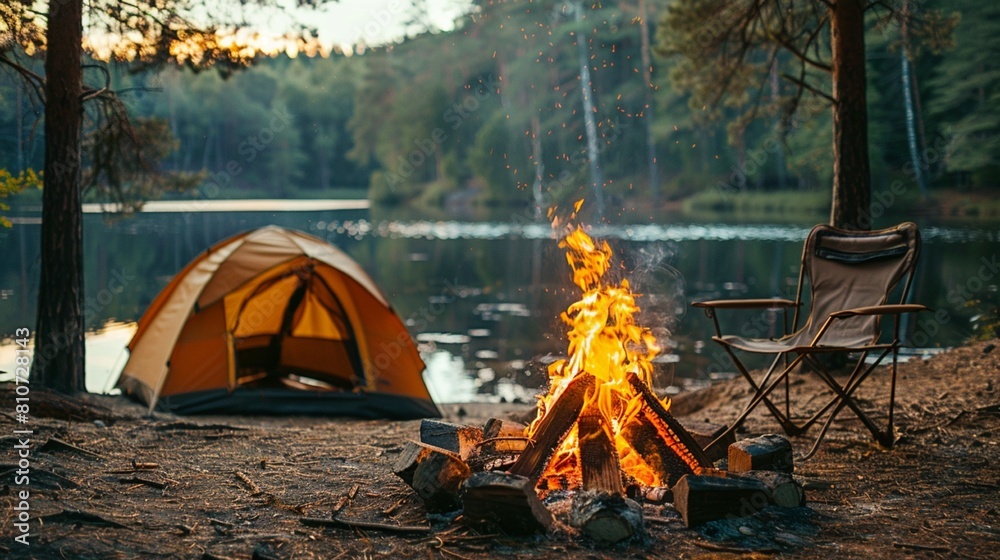 camp fire in the forest.The concept of summer relaxation in the forest ...