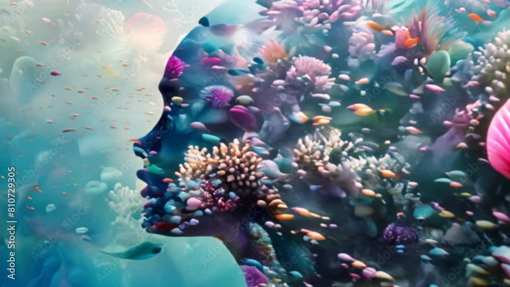 A woman's face is shown in a painting of a coral reef. The painting is ...