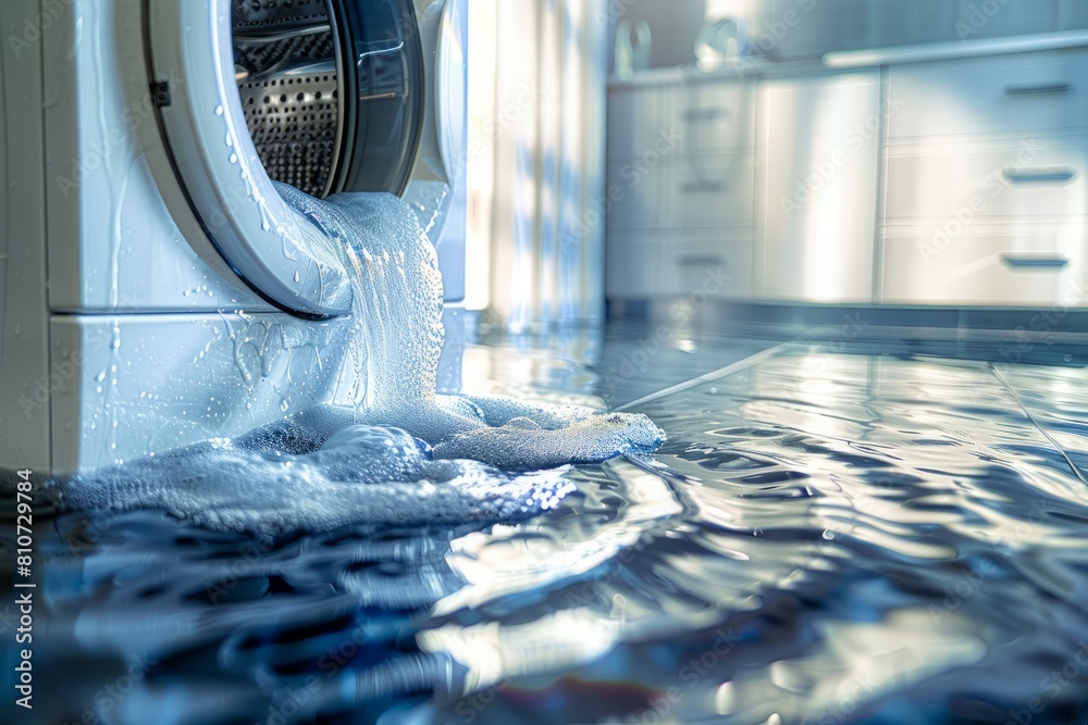 A washing machine in a laundry room with water pouring out of its door ...