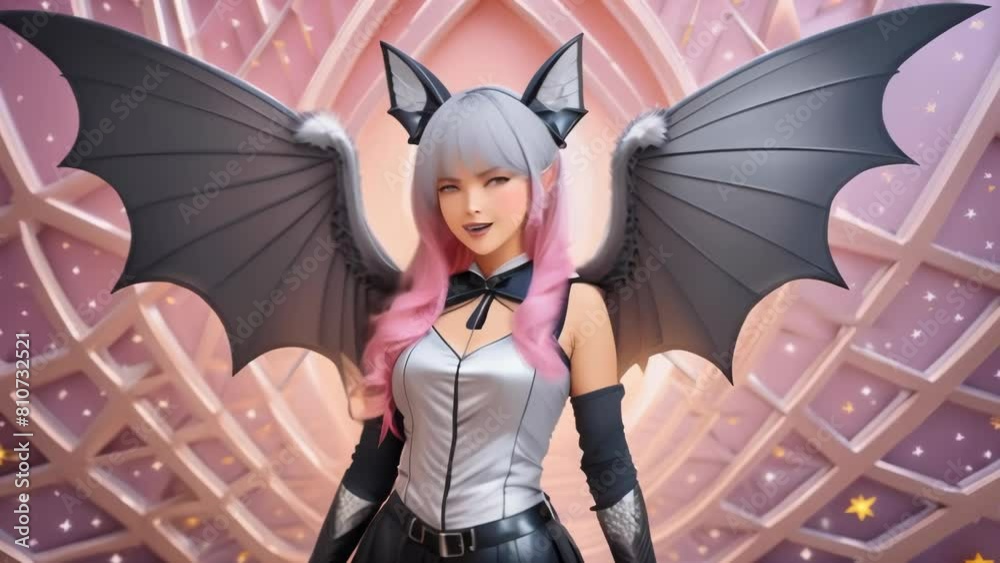 An anime girl with bat wings stands confidently in a grand hall bathed ...